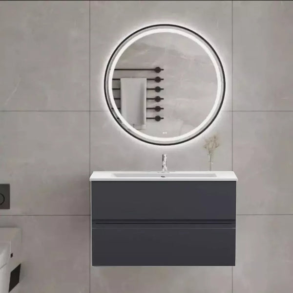 Handleless Bathroom High Gloss Dark Grey Wall Hung Vanity Unit Sink Ca ...